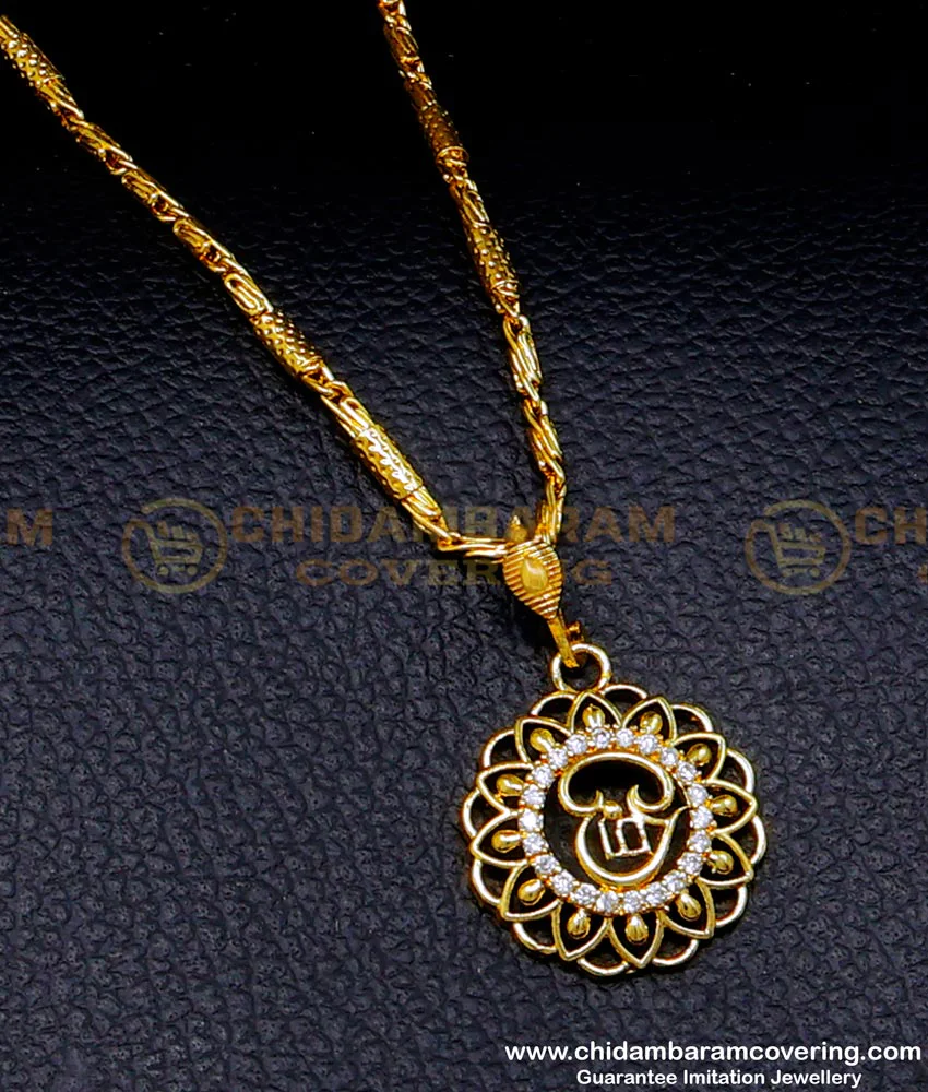 Buy Gold Design White Stone Tamil Om Dollar with Chain