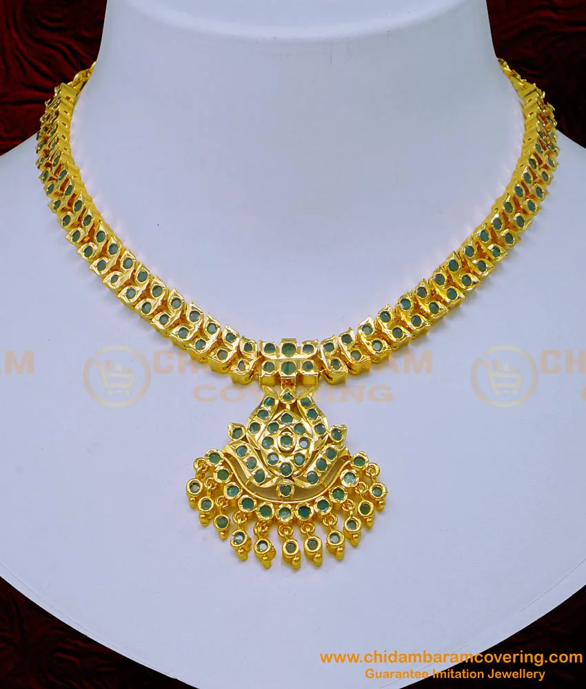 Buy Traditional Gold Attigai Design Full Emerald Stone Impon Necklace ...