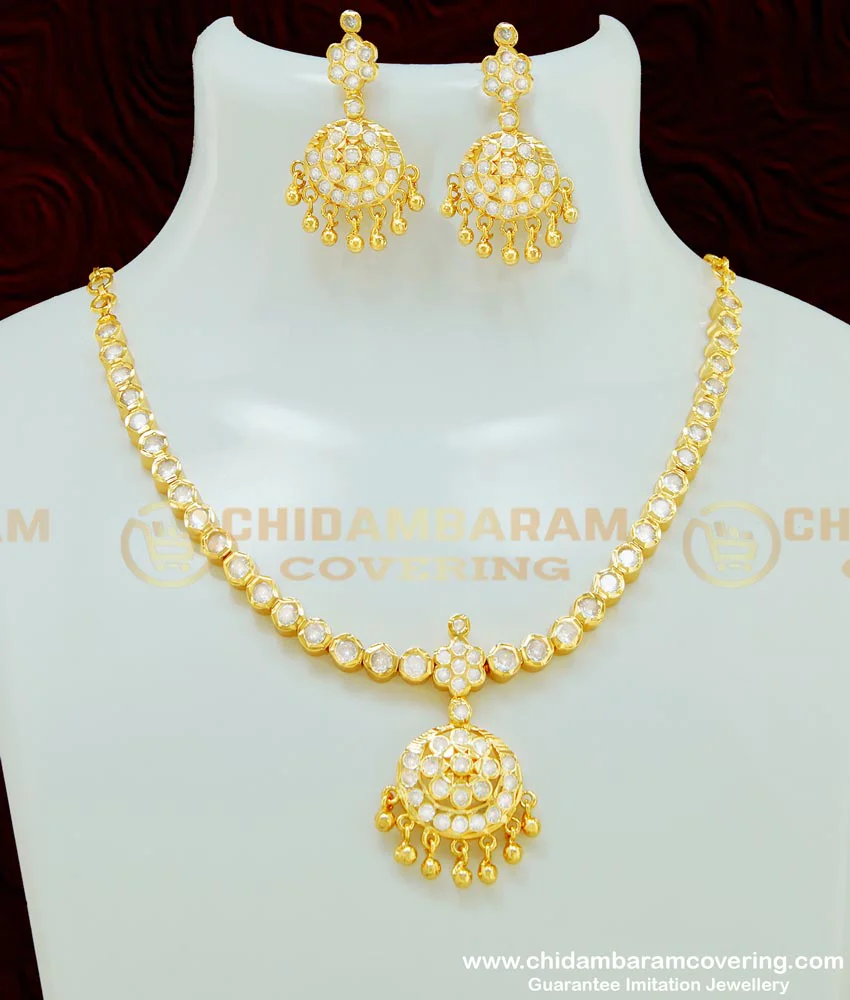 Buy Traditional Gold Design Impon Full White Stone Attigai With Earring ...