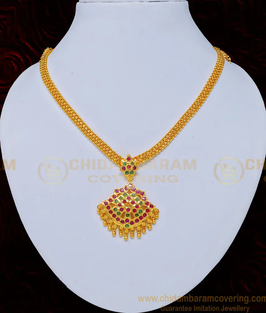 Buy Impon Ruby Emerald Stone One Gram Gold Thick Metal Attigai Necklace ...